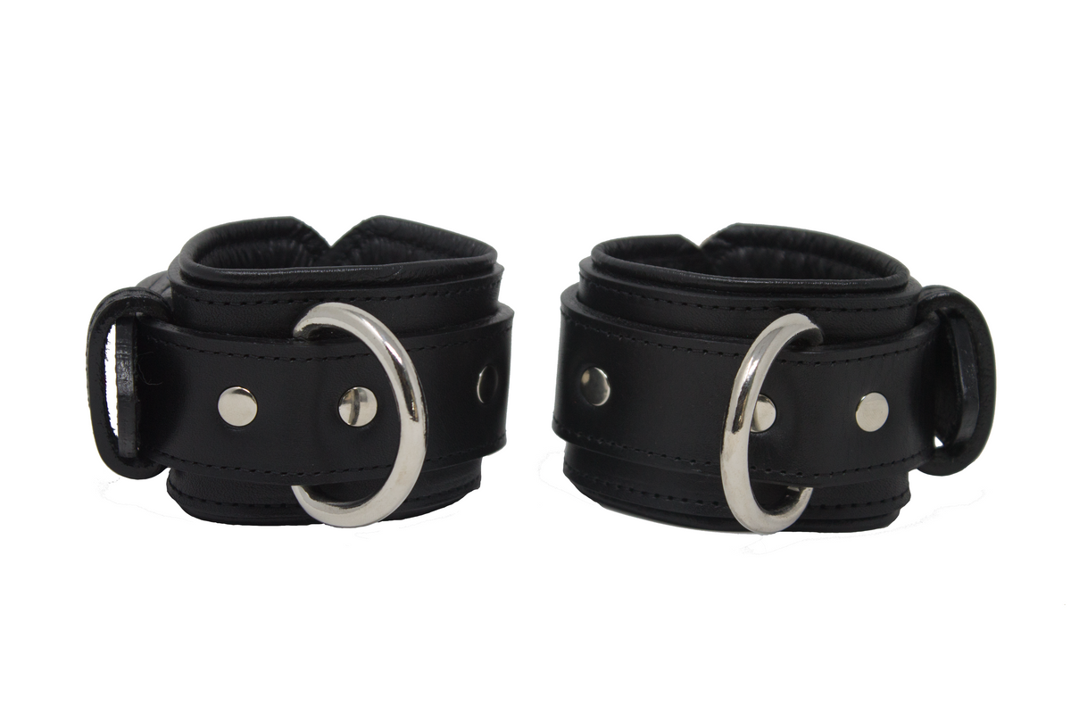 Locking Post Wrist Cuffs Premium Heavy Duty Black Leather Handcuffs ...