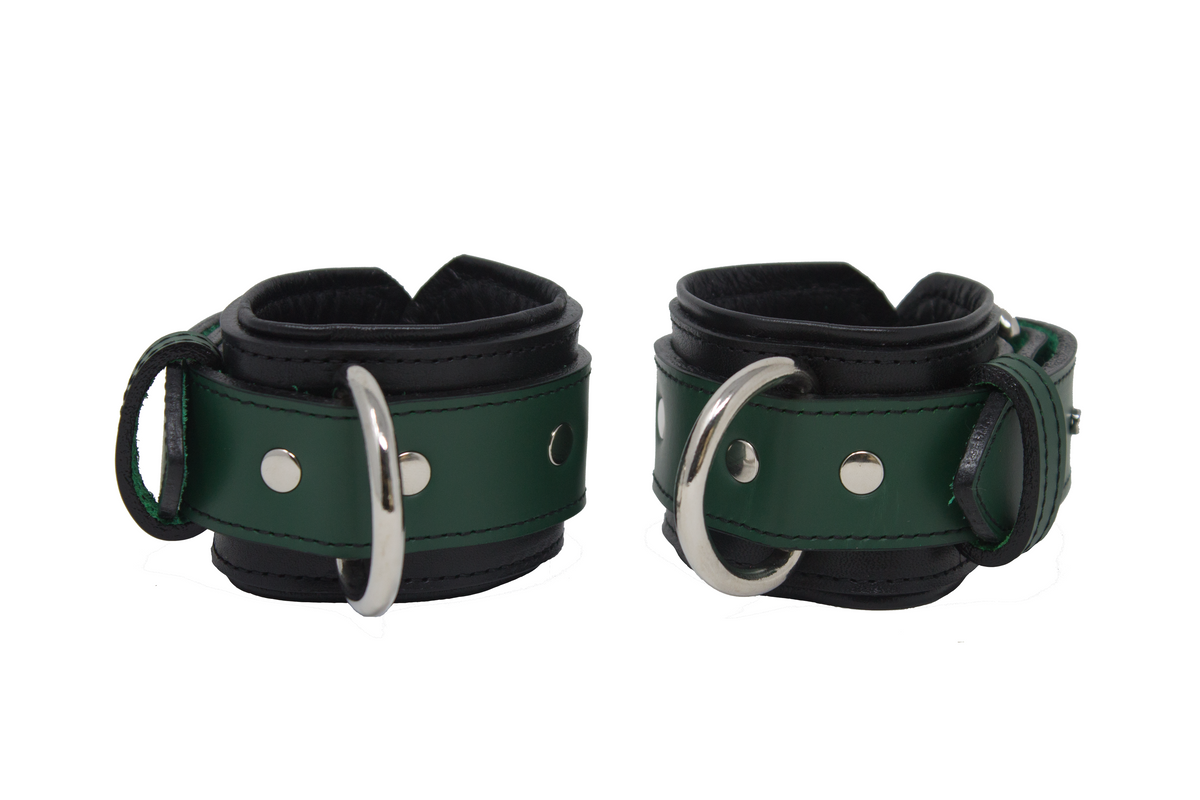 Locking Post Wrist Cuffs Premium Heavy Duty Green Leather Handcuffs ...