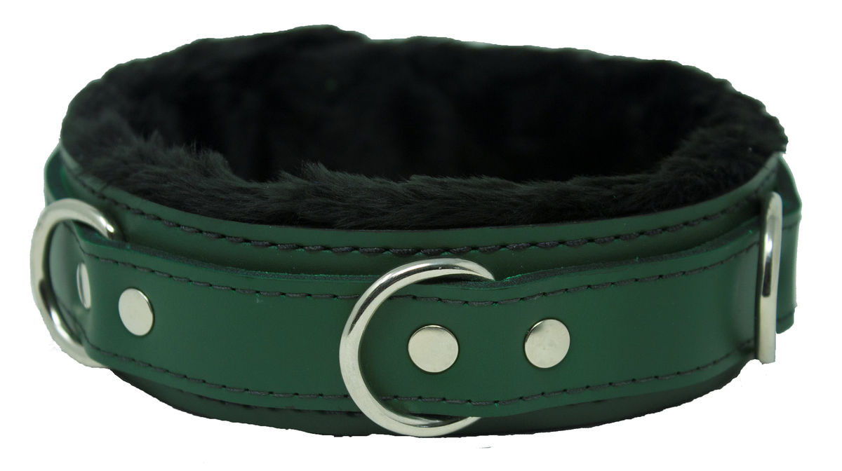 Locking Collar 1 1/2" Wide Green Leather with Black Faux Fur Lining ...